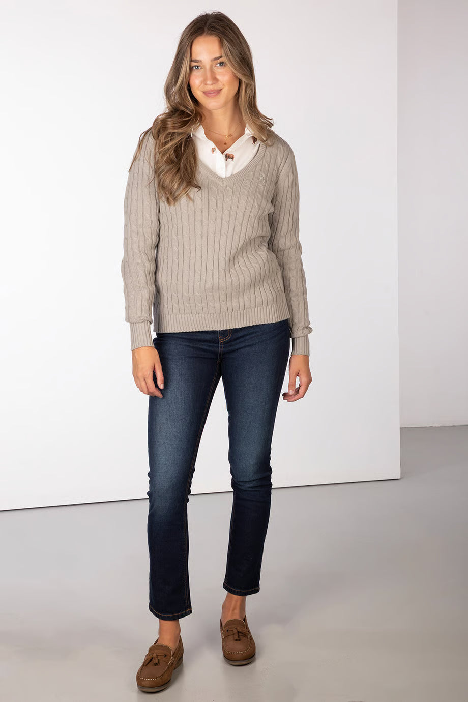 Rydale Emma V Neck Cable Knit Jumper Soft Grey – TRI Equestrian